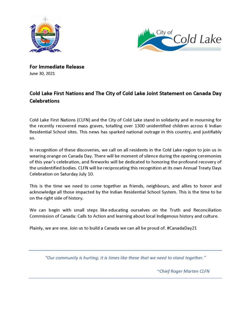 Joint Statement on CCL CLFN Canada Day - Cold Lake First Nations